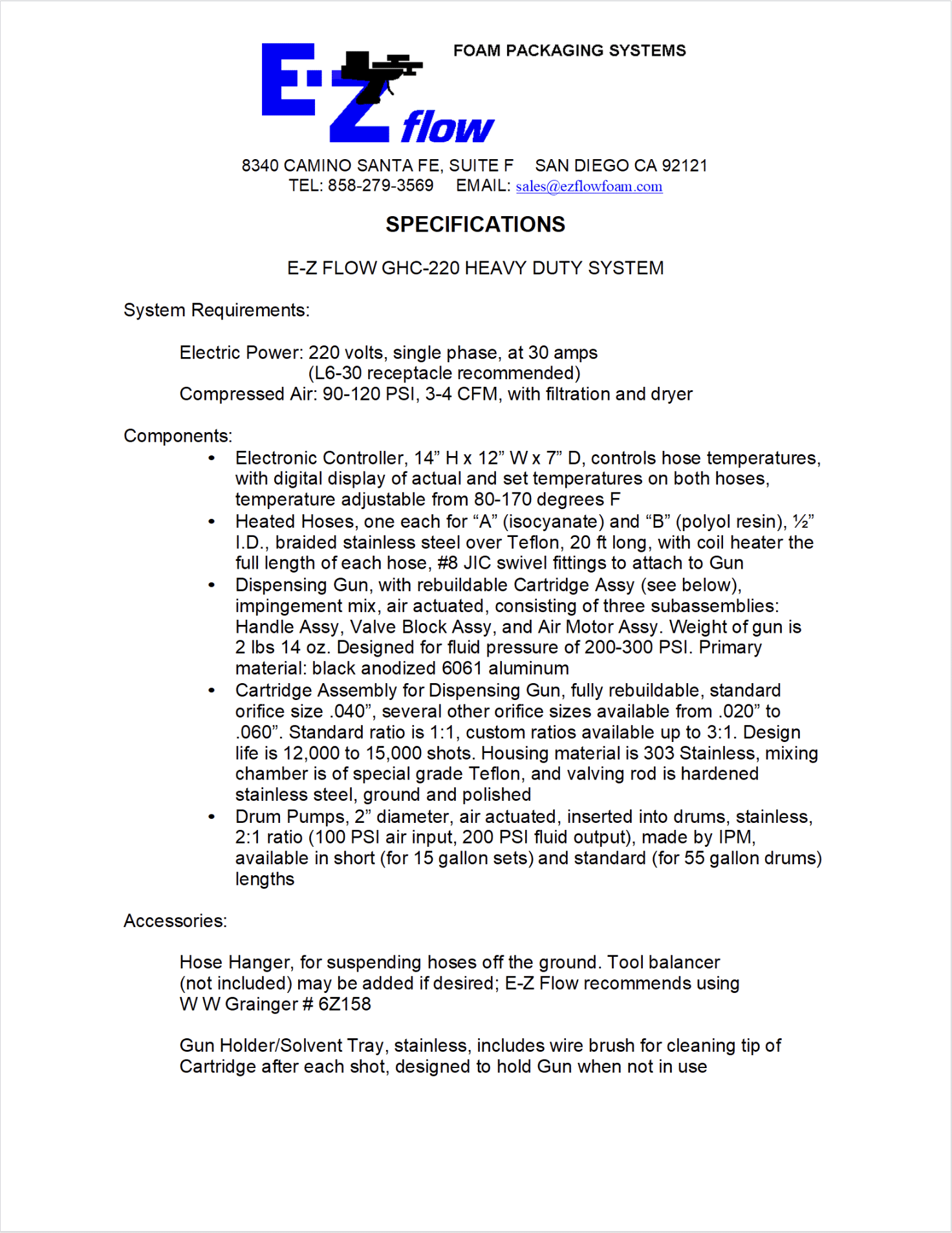 GHC 220 SPEC SHEET - E-Z Flow Foam Systems